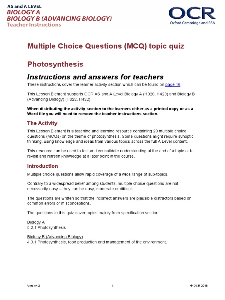 Multiple Choice Questions (MCQ) Topic Quiz Photosynthesis: Instructions ...