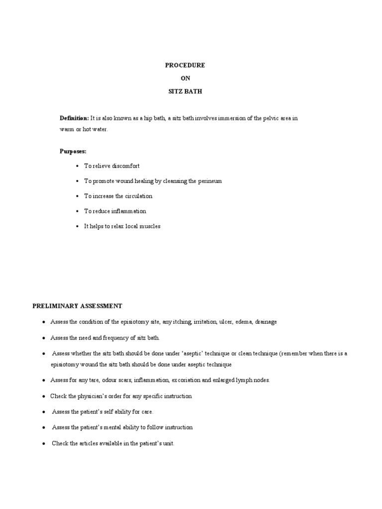 Sitz Bath Procedure | PDF | Health Sciences | Medicine