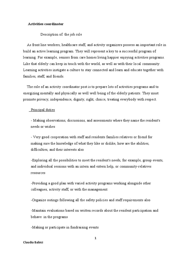 Activity Coordinator Role Guide | PDF | Caregiver | Health Care