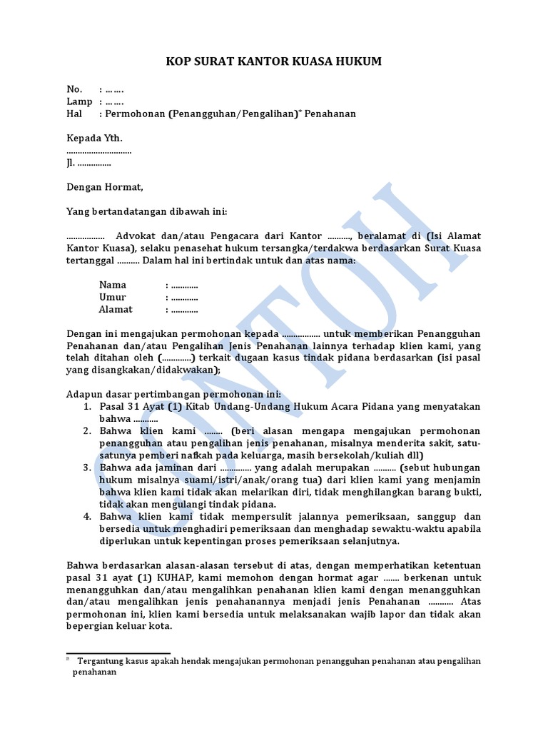 Contoh Surat PermohonanPengalihan Penangguhan Penahanan | PDF