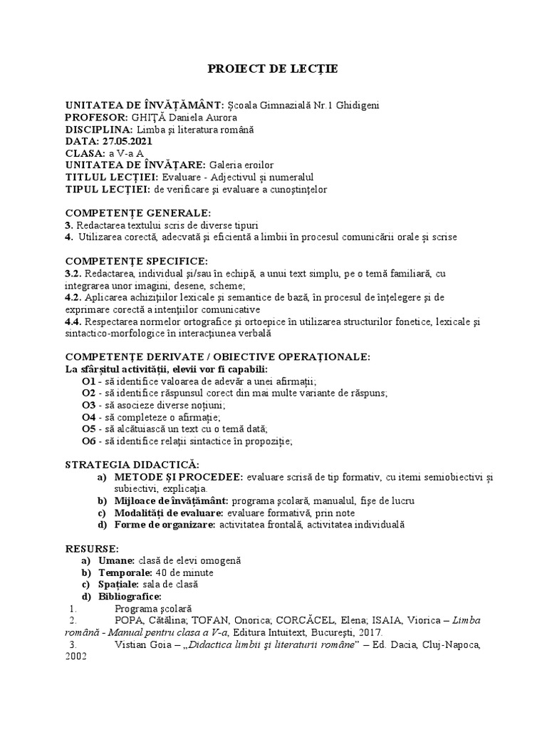 Proiect Clasa A Va - Evaluarea | PDF