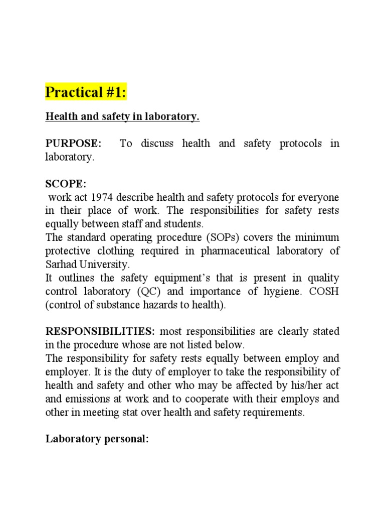 Practical #1:: Health and Safety in Laboratory. PURPOSE: To Discuss ...