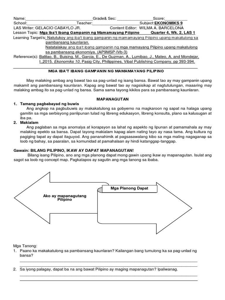 Ap 9, Quarter 4, Week 2, Las 1 | PDF