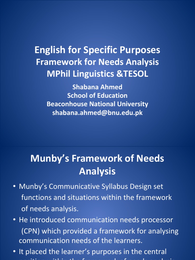 English For Specific Purposes: Framework For Needs Analysis Mphil ...