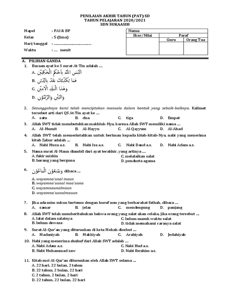 SOAL UKK PAI Kelas 5 | PDF SOAL UKK PAI Kelas 5 | PDF