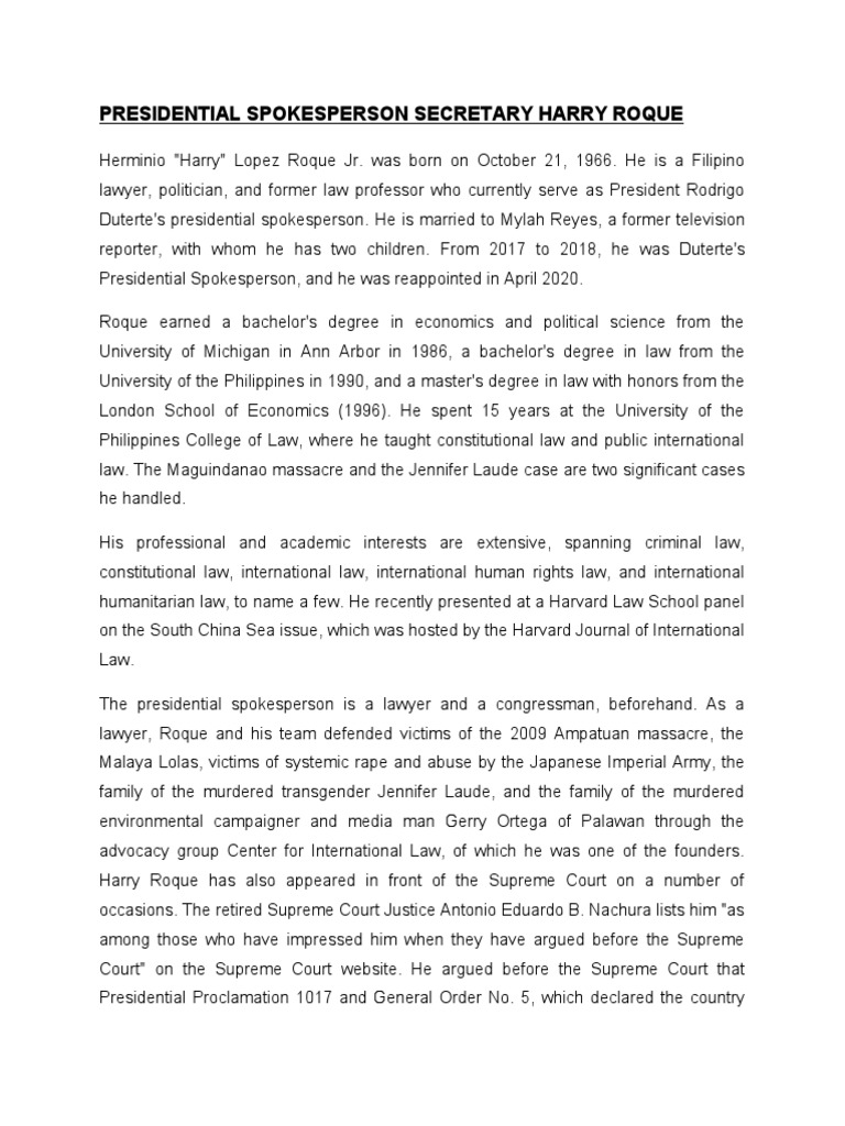 Research About Sec. Harry Roque | PDF | Policy | Government