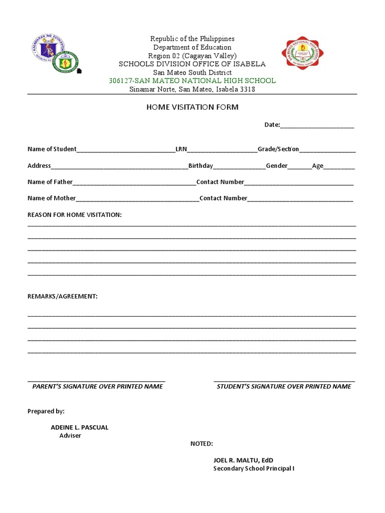 Home Visitation Form: 306127-San Mateo National High School | PDF