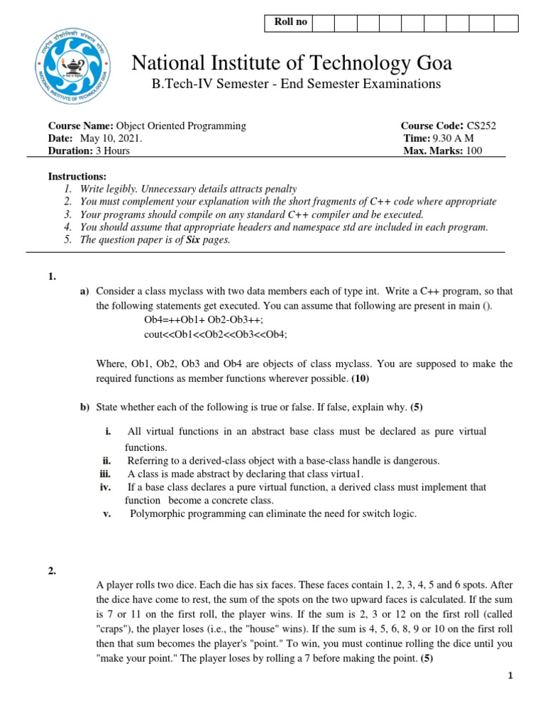 National Institute of Technology Goa: B.Tech-IV Semester - End Semester ...