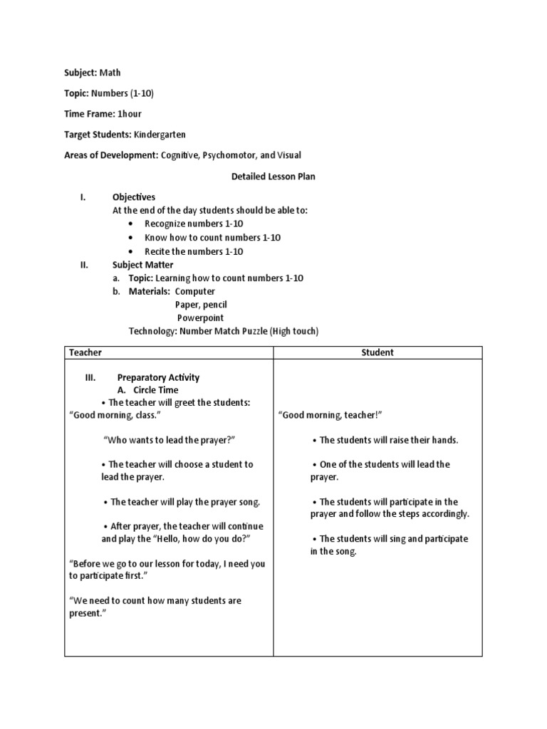 Detailed Lesson Plan (Counting Numbers 1-10) ) | PDF | Lesson Plan ...