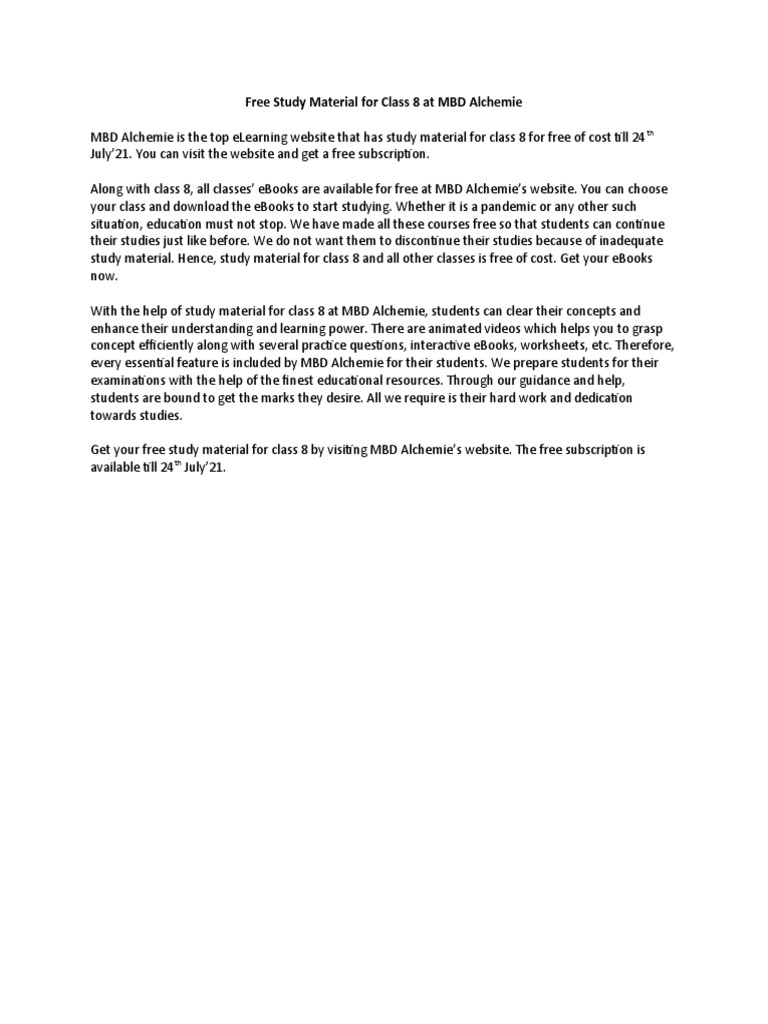 Free Study Material For Class 8 at MBD Alchemie | PDF