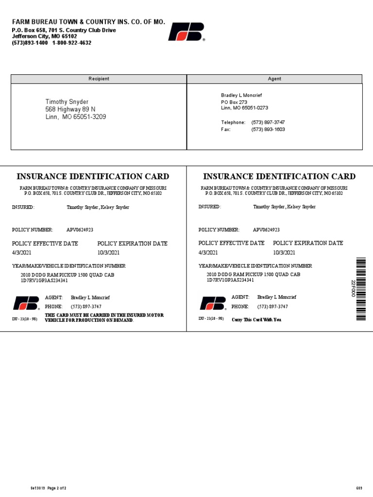 Insurance Identification Card Insurance Identification Card: Timothy ...