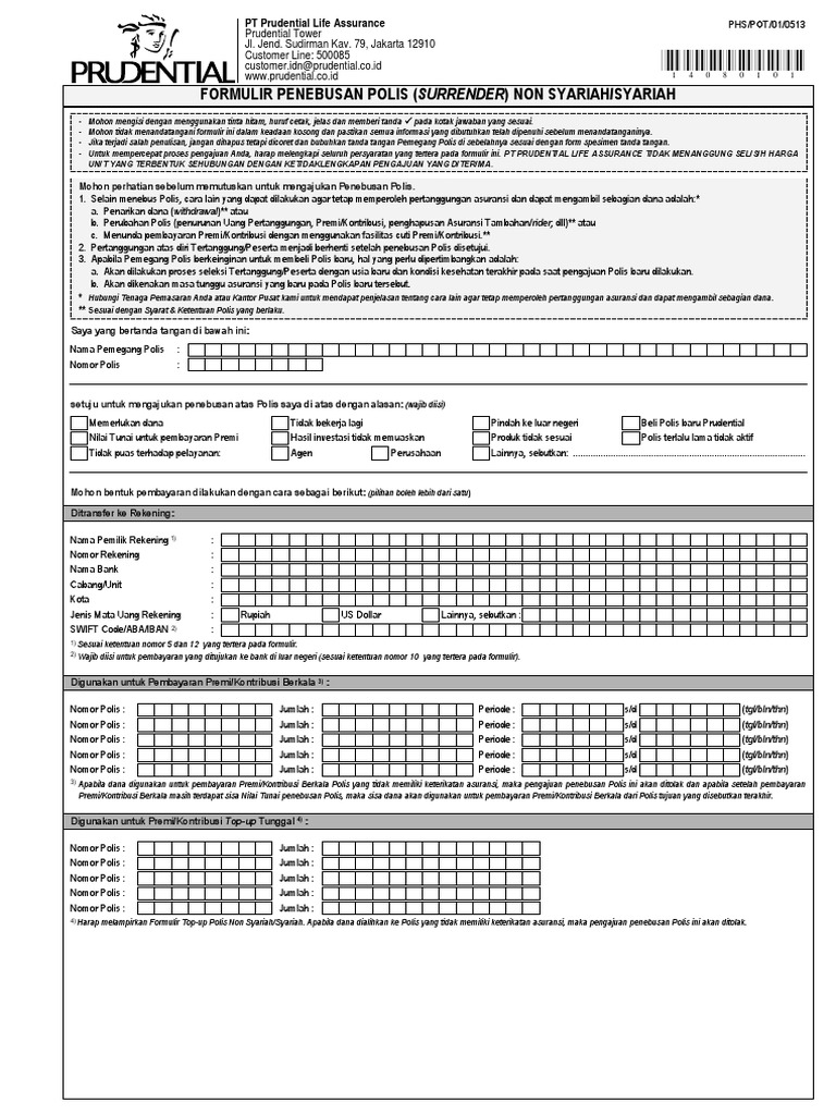 Formulir Penebusan Polis Surrender Non Syariah Atau Syariah | PDF