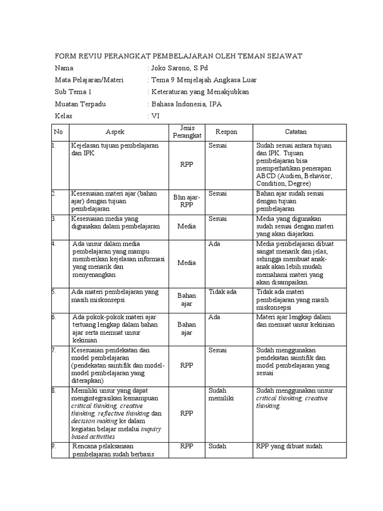 Format Reviu Rancangan Pembelajaran Pak Joko | PDF
