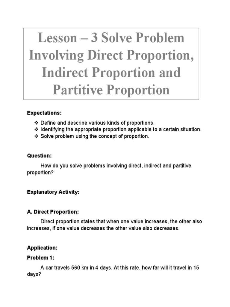 Lesson - 3 Solve Problem Involving Direct Proportion, Indirect Proportion and Partitive ...