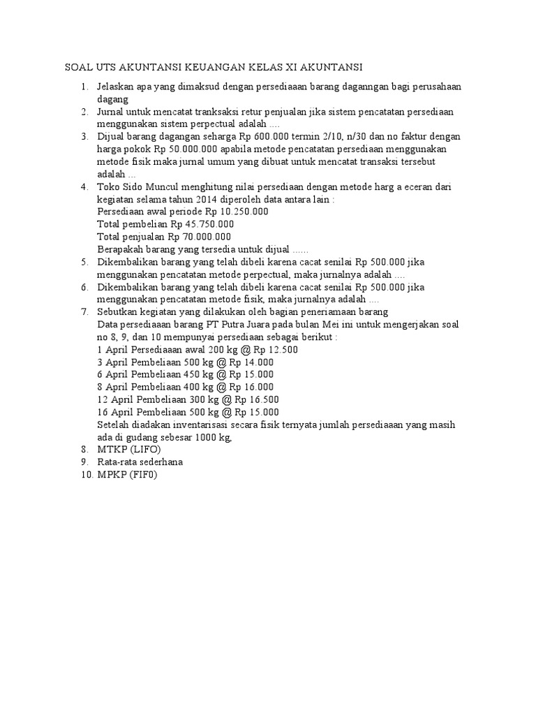 Soal Uts Akuntansi Keuangan Kelas Xi Akuntansi | PDF