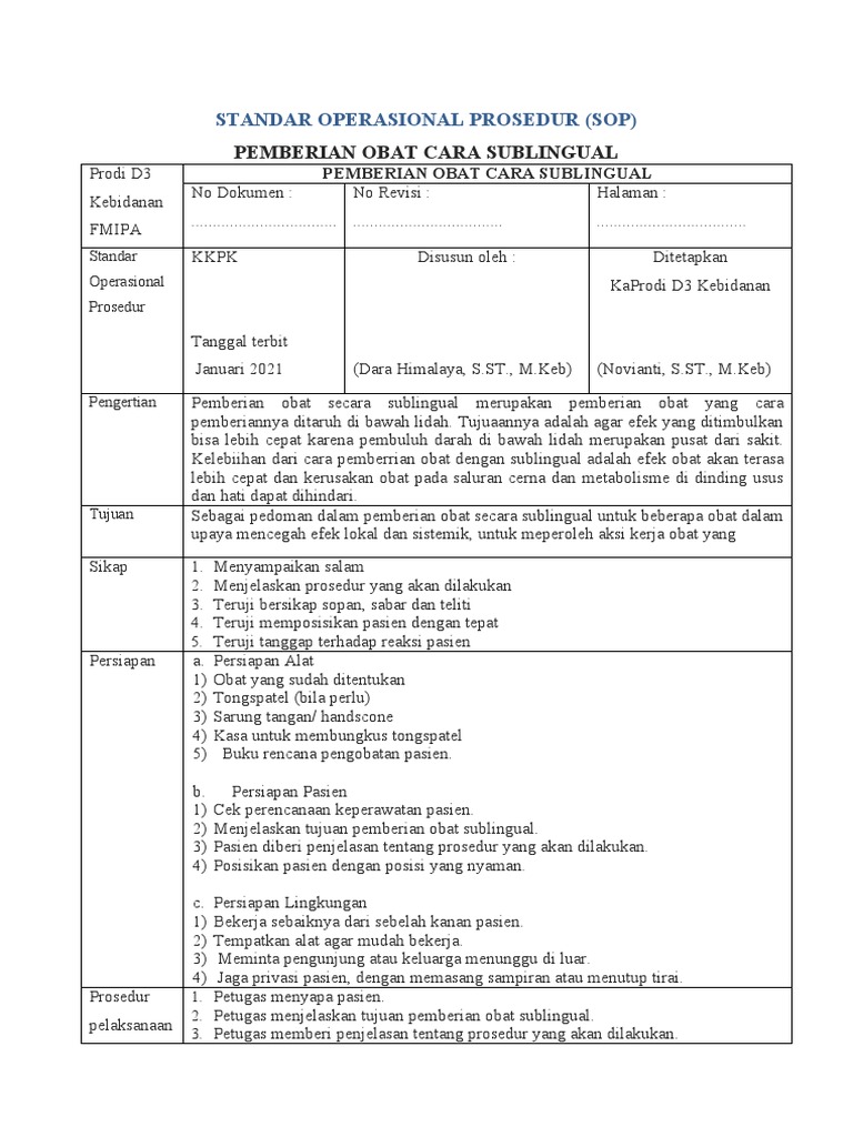 Sop Pemberian Obat Sublingual Dan Bukal | PDF