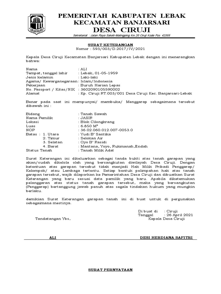 Surat Keterangan Garapan Tanah | PDF