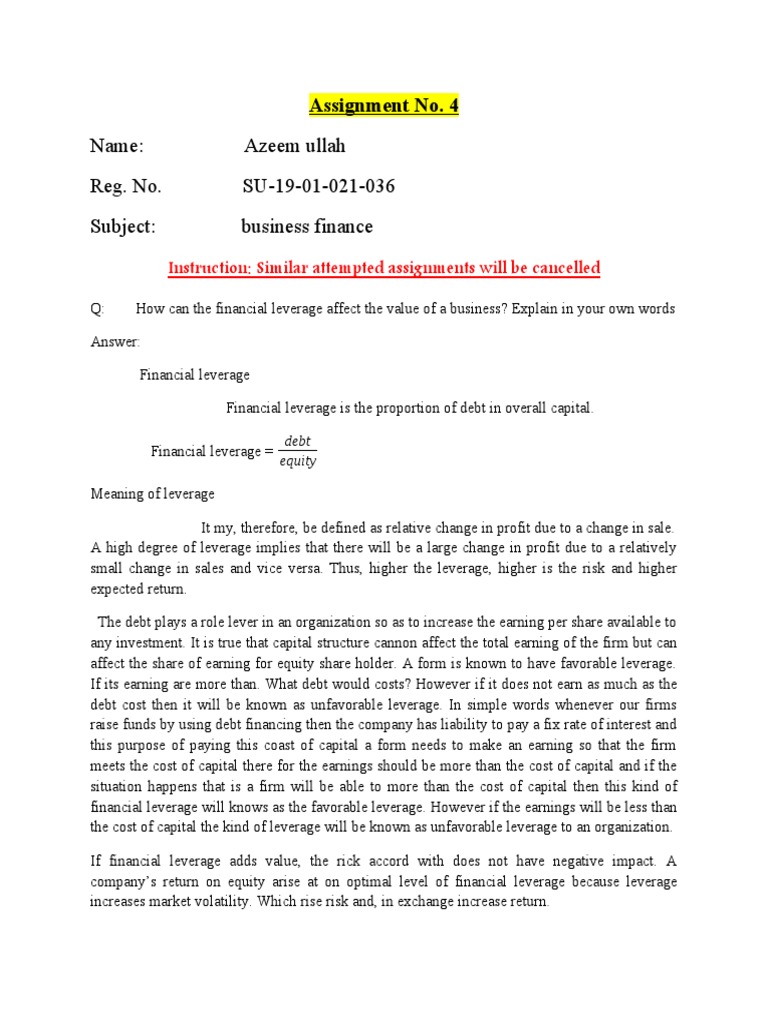 Business Finance Assignment No. 4 | PDF | Leverage (Finance) | Cost Of ...
