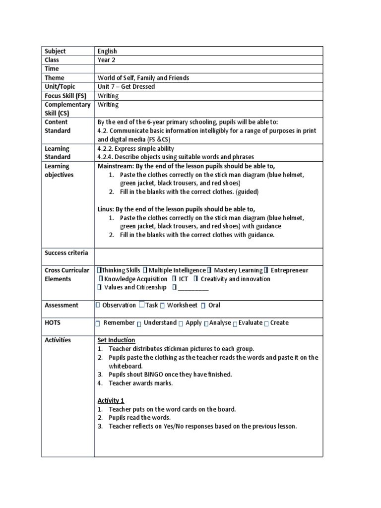 Lesson Plan Year 2 Unit 7 - Get Dressed (Writing) 2 | PDF | Lesson Plan ...