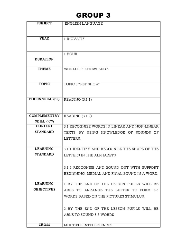 Lesson Plan Cefr Year 1 Topic 3 (Reading) | PDF