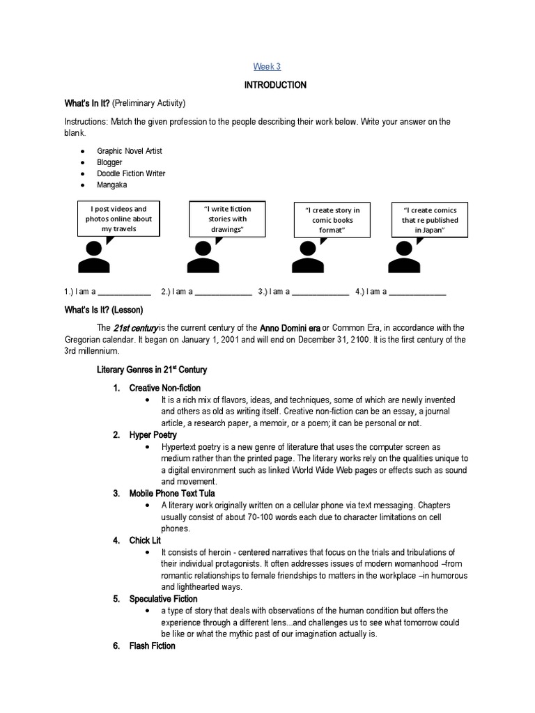 21st Century Literature Worksheet Week3-4 | PDF | Creative Nonfiction ...