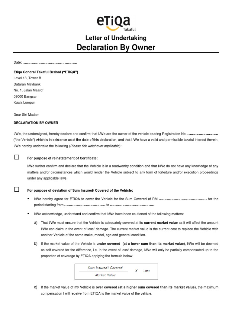 Declaration by Owner: Letter of Undertaking | PDF | Civil Law (Legal ...