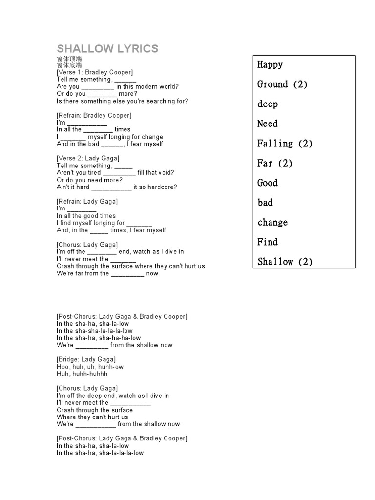 Shallow Lyrics: Happy Ground (2) Deep Need Falling (2) Far (2) Good Bad ...