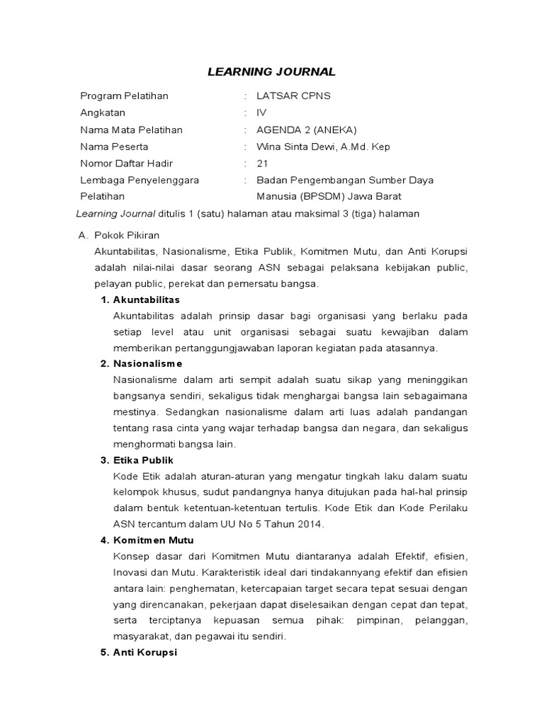 Format Learning Journal - LATSAR CPNS | PDF | Karier & Perkembangan ...