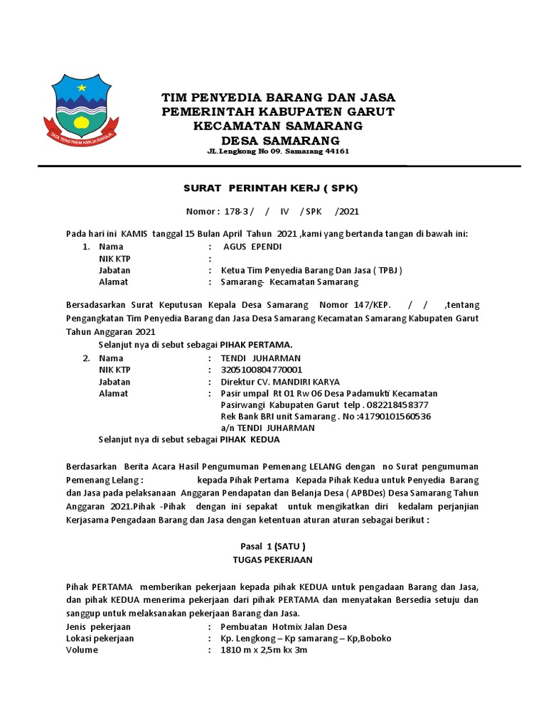 Contoh SPK Dana Desa 2019 | PDF