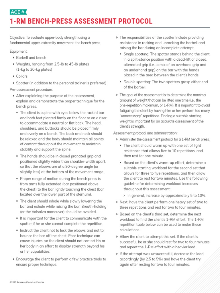 1-RM Bench Press Assessment Protocol | PDF | Strength Training ...