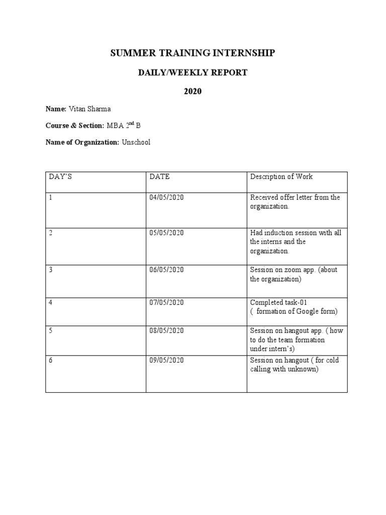 Summer Training Internship: Daily/Weekly Report 2020 | PDF