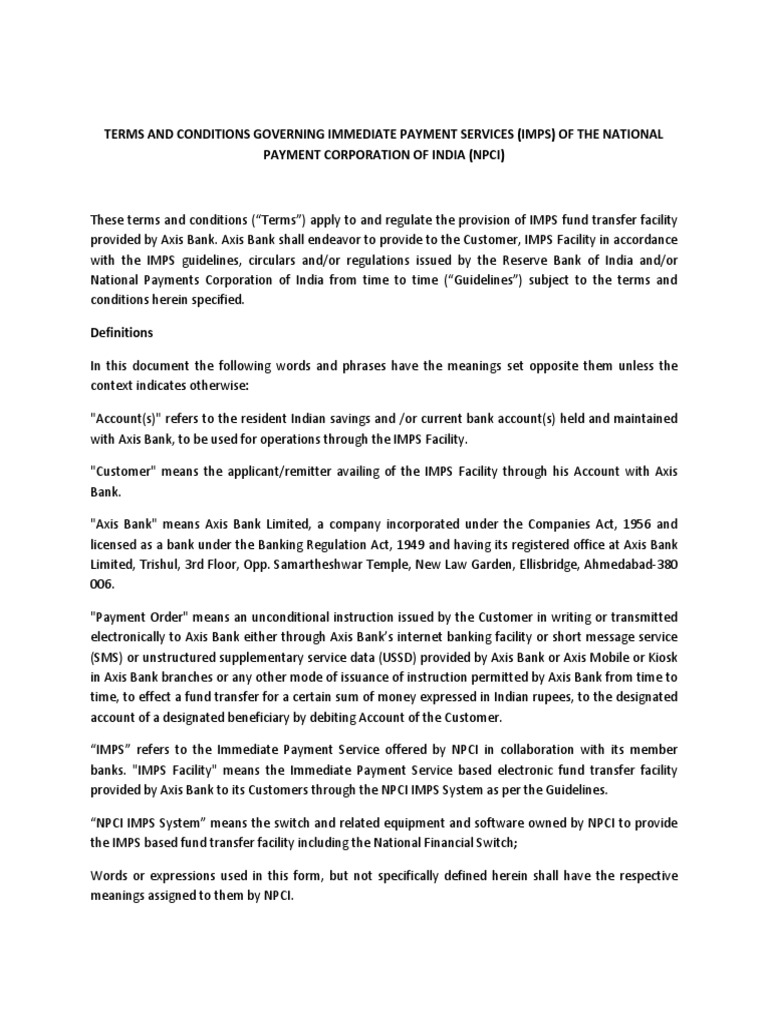 Terms and Conditions Governing Immediate Payment Services (Imps) of The ...