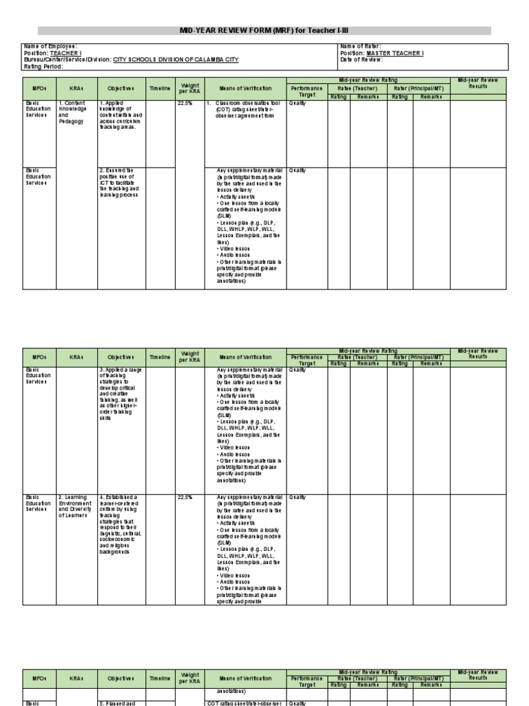 Mid-Year Performance Review Form for Teachers | PDF | Lesson Plan ...
