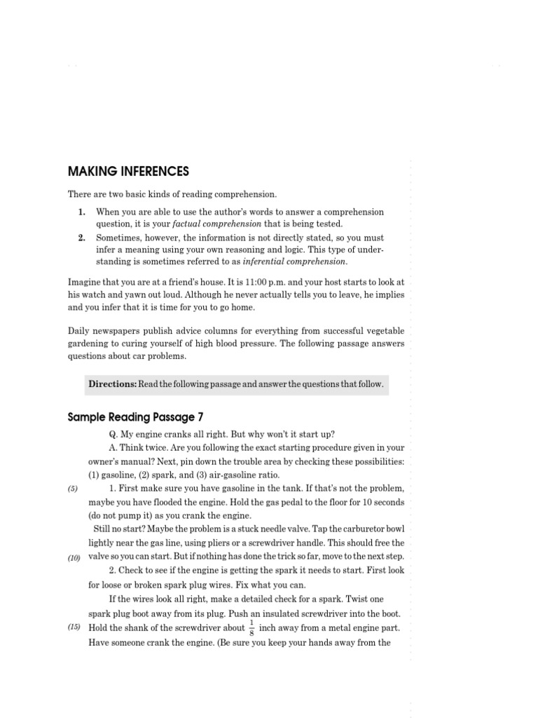 Making Inferences: Sample Reading Passage 7 | PDF | Restaurants | Carburetor