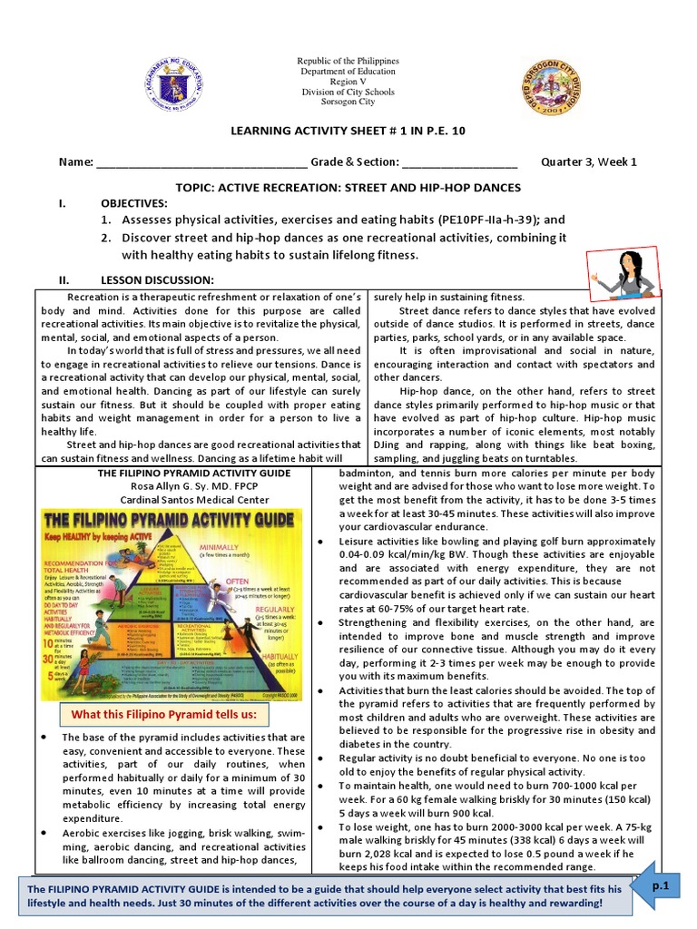 Learning Activity Sheet # 1 in P.E. 10: I. Objectives | PDF | Aerobic ...