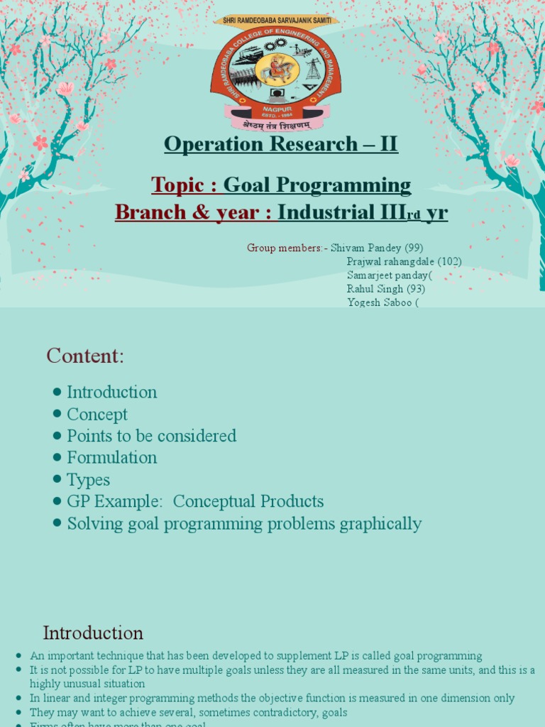 Operation Research - II Goal Programming Industrial III Yr: Topic: Branch & Year | Download Free ...