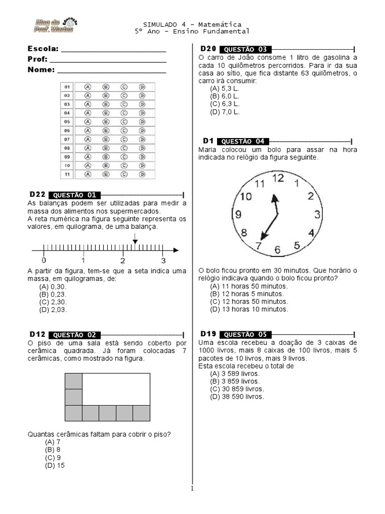 Simulado 4 (Mat. 5º Ano) - Blog Do Prof. Warles | PDF | Ensino de ...