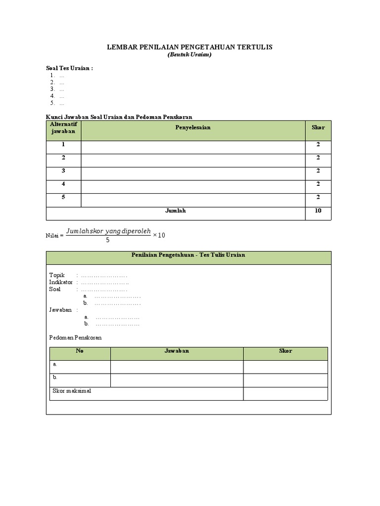 Lembar Penilaian Pengetahuan Tertulis | PDF