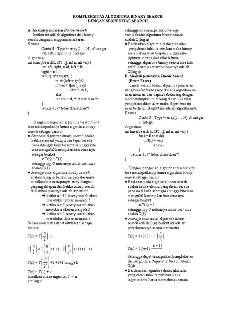 KOMPLEKSITAS ALGORITMA BINARY SEARCH Tugas | PDF