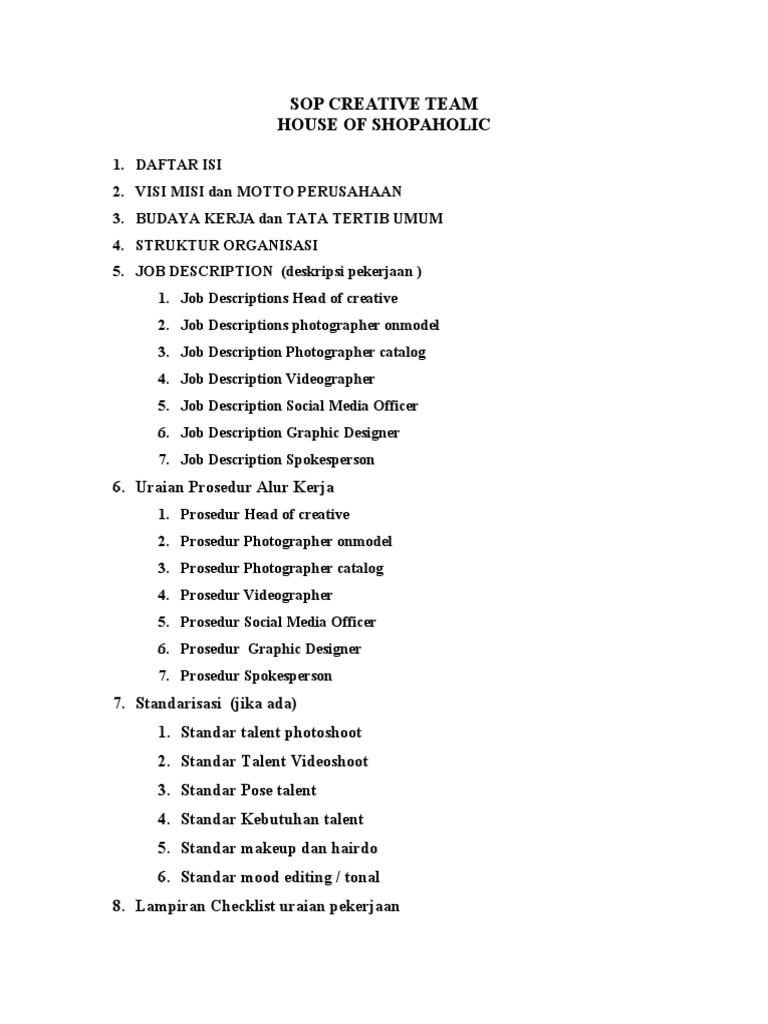SOP CREATIVE TEAM Hos | PDF | Seni
