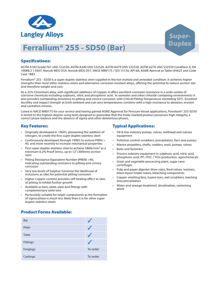 Datasheet SD Ferralium 255 SD50 Bar | PDF | Stainless Steel | Corrosion