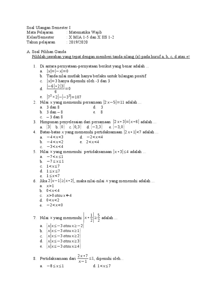 Soal Pas Sem 1 Mtk W X Mia 1 5 Iis 1 2 Pdf