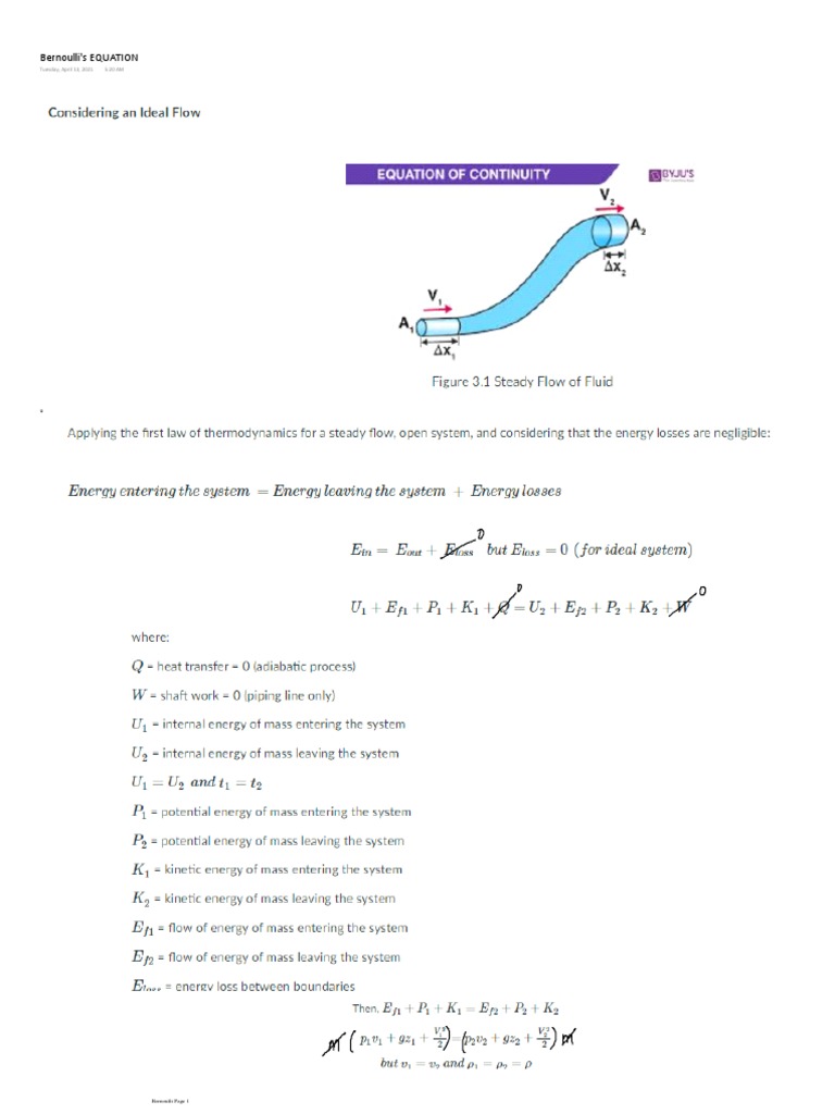 Bernoulli's Equation | PDF | Fluid Mechanics | Pump