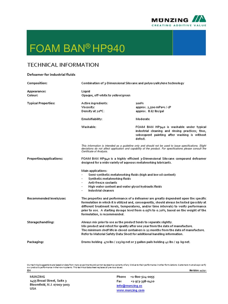 Foam Ban HP940: Technical Information | PDF | Chemistry | Industrial ...
