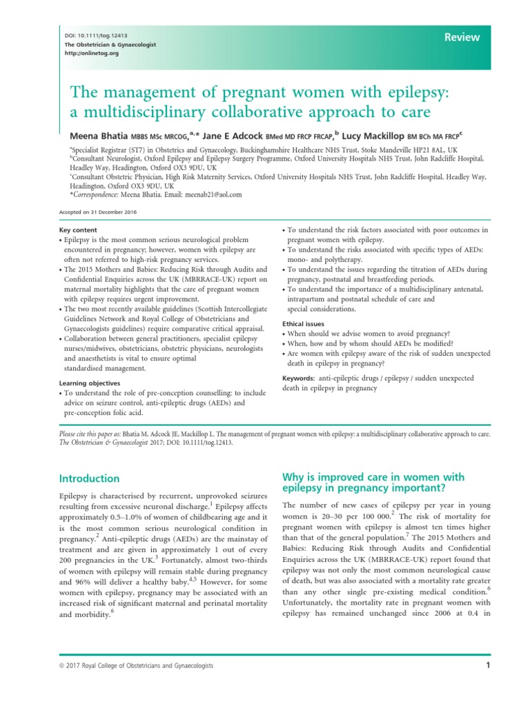 The Management of Pregnant Women With Epilepsy A Multidisciplinary ...