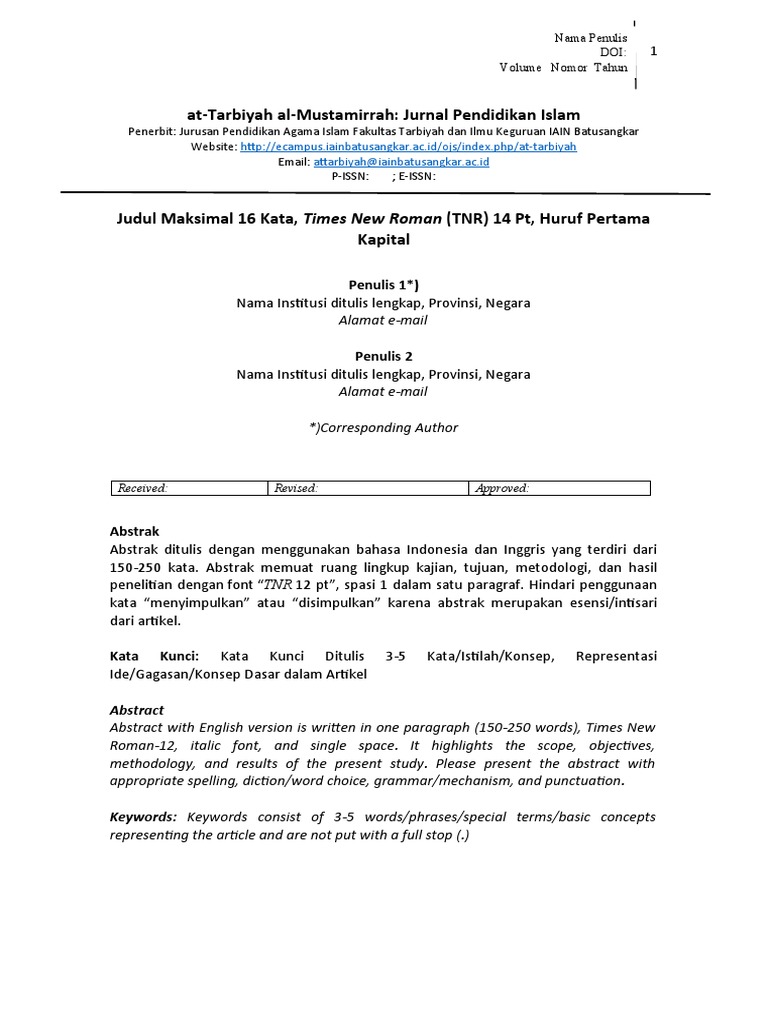 Article Template at Tarbiyah Jurnal Pendidikan Agama Islam | PDF