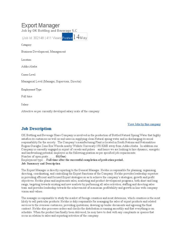 Export Manager: Job Description | PDF | Sales | Microeconomics