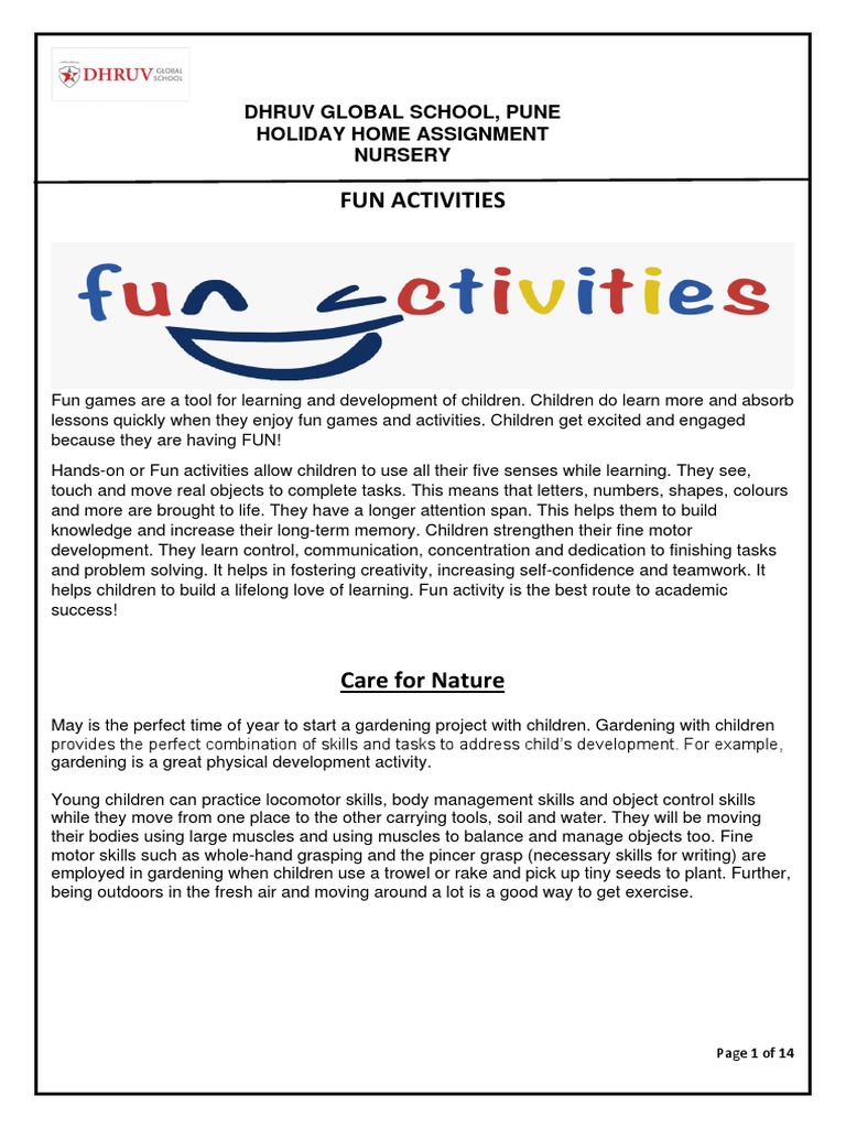 Fun Activities: Dhruv Global School, Pune Holiday Home Assignment ...