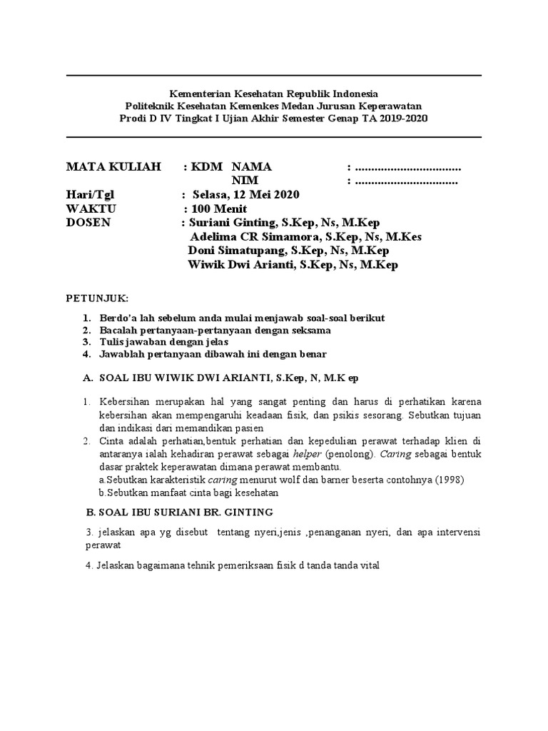 Soal Essay Uas MK Keperawatan Dasar | PDF