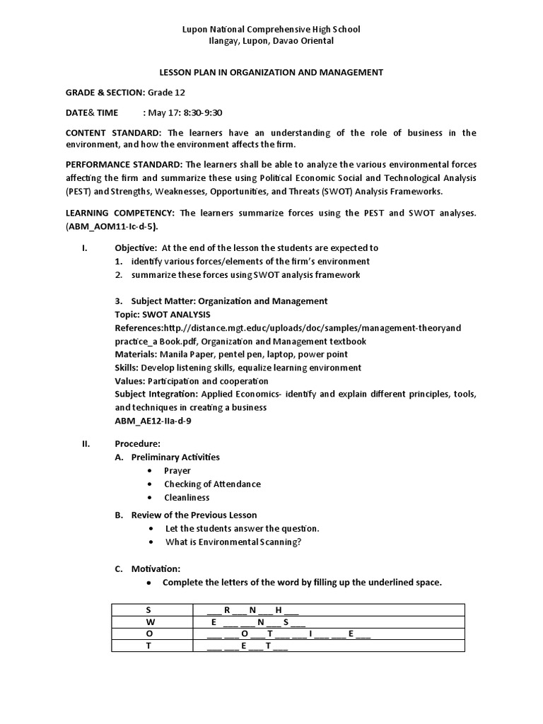 Lesson Plan in Swot | PDF | Swot Analysis | Communication
